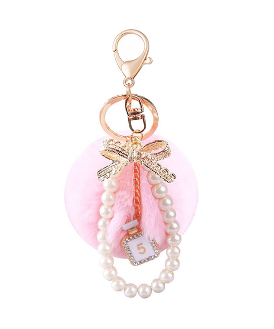 Pink Faux Fur Pom Keychain | Pink Fur Pom Handbag Charm | Gold Bow ...