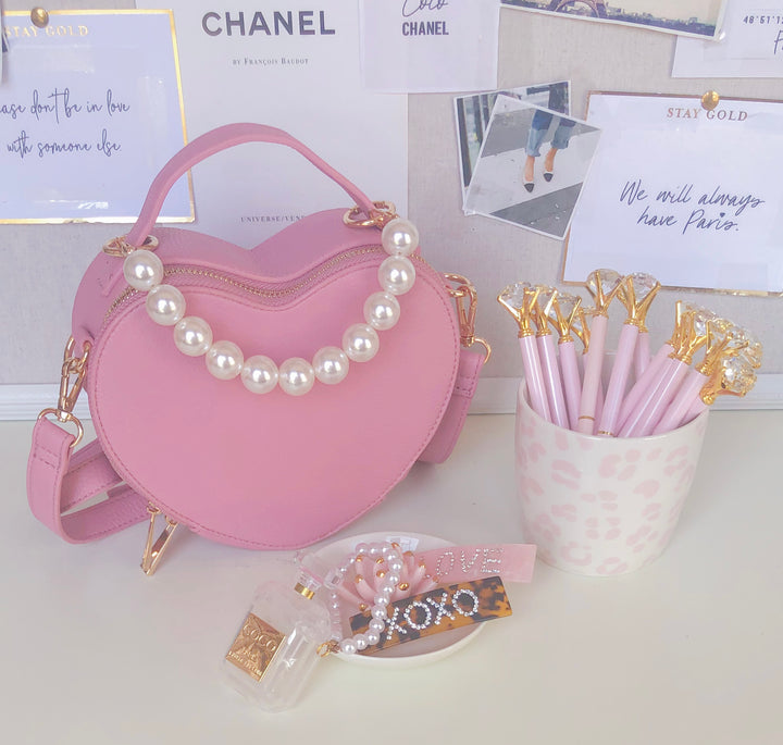 Rose Pink Heart Shaped Handbag | Pink Heart Pearl Strap Bag | Pink ...